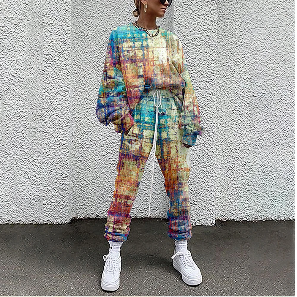 Women-Tracksuit-Vintage-Texture-Print-2-Piece-Outfit-Sweatshirt ...