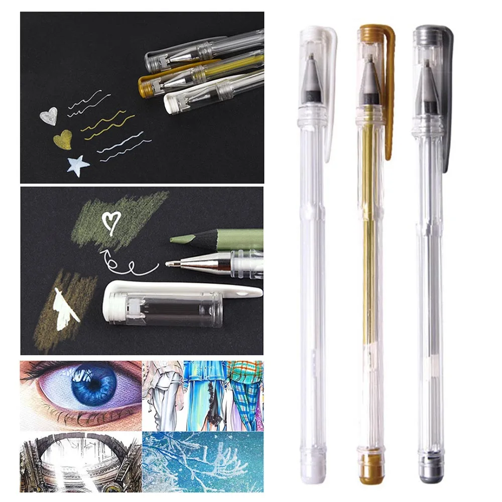 3-Teile-los-0-7mm-Wei-Gold-Silber-Gel-Stifte-Skizzieren-Zeichnung-Stift ...