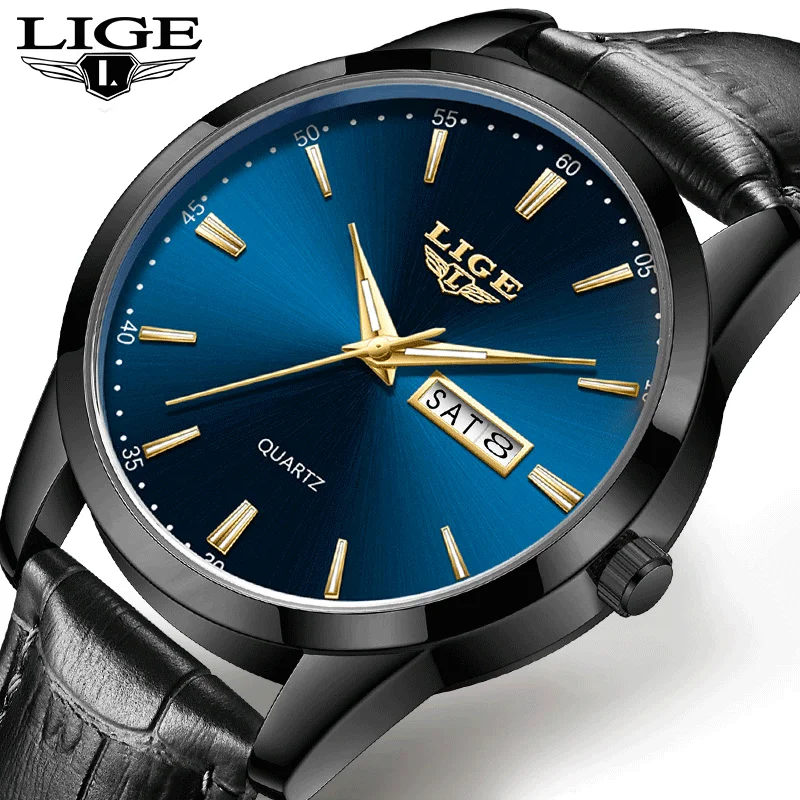 LIGE Luxury Man Watch Waterproof Luminous Date Week Leather Watch For ...