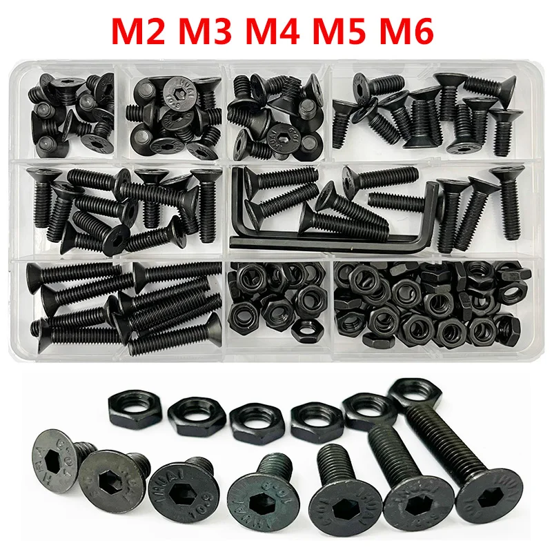 Countersunk-Flat-Head-Hex-Bolt-Nut-Set-Kit-M2-M3-M4-M5-M6-Black-Grade ...