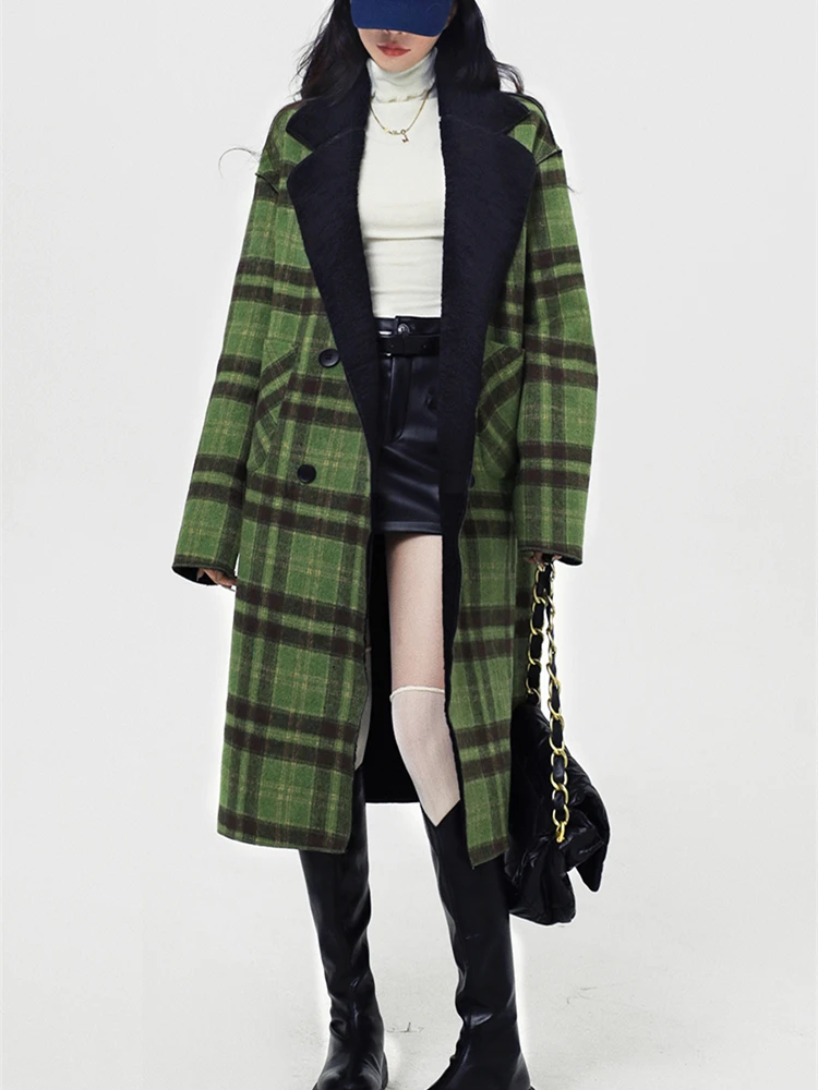 Women-s-Front-Back-Can-Be-Worn-Green-check-pattern-Woolen-Coat-Autumn ...