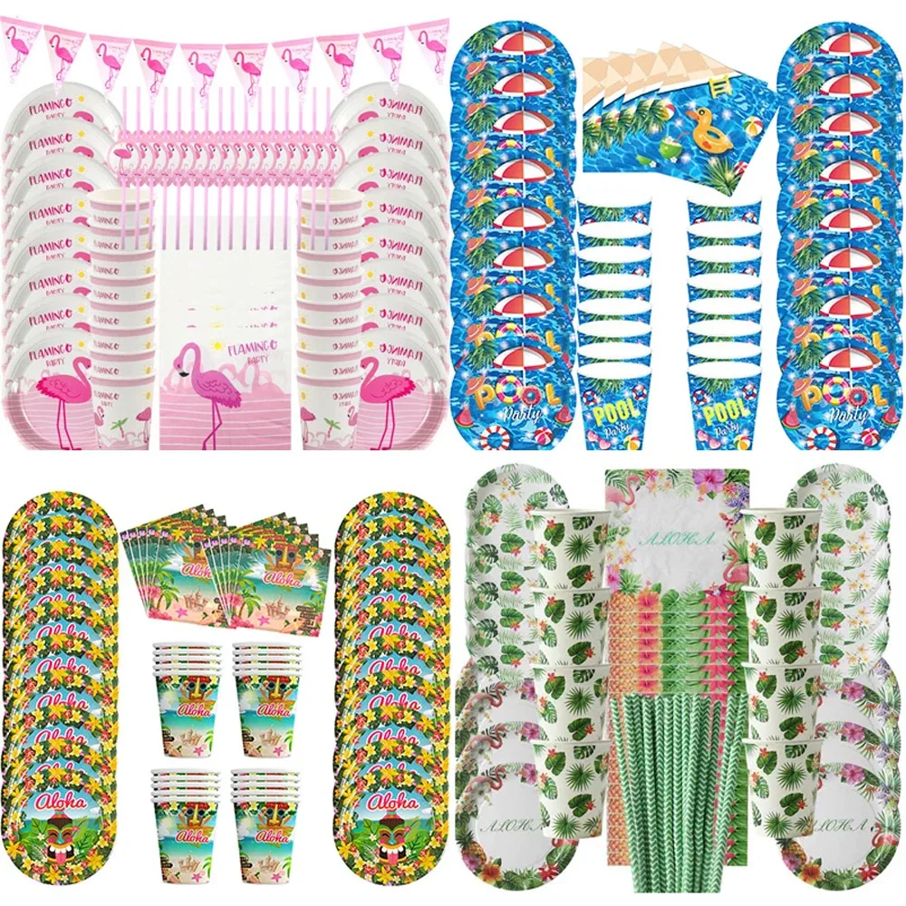 Tropical Party Disposable Tableware Sets Flamingo Palm Leaf Hawaiian ...