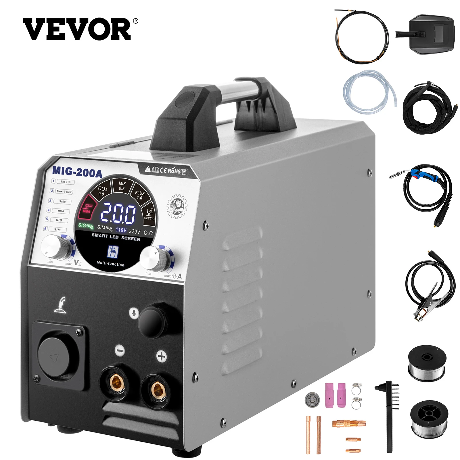 Vevor 200a Mig Welder Flux Core Tig Mma Semi-auto Welding Machine Mig ...