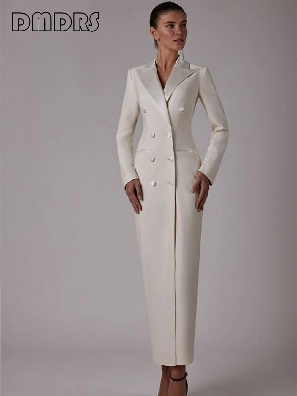 DMDRS-Sheath-Solid-Formal-Suit-Dress-Long-Sleeves-Double-Breasted-Silky ...