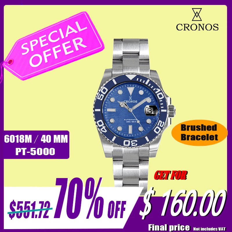Cronos-Sub-Diver-Men-Watch-Stainless-Steel-PT5000-Brushed-Bracelet ...