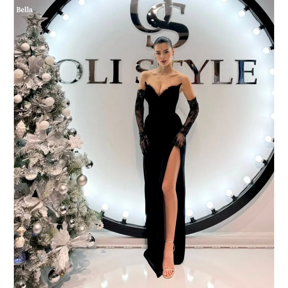 Bella Customized Black Side Slit Lace Gloves robes de soirée Strapless ...