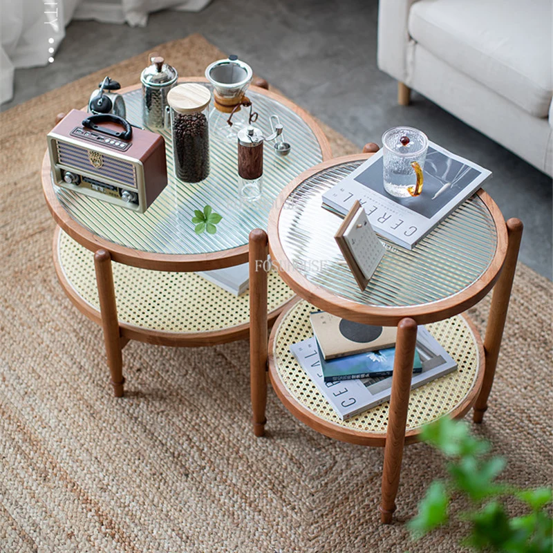 Nordic Coffee Table Cherry Wood Round Combination Japanese Rattan Tea ...