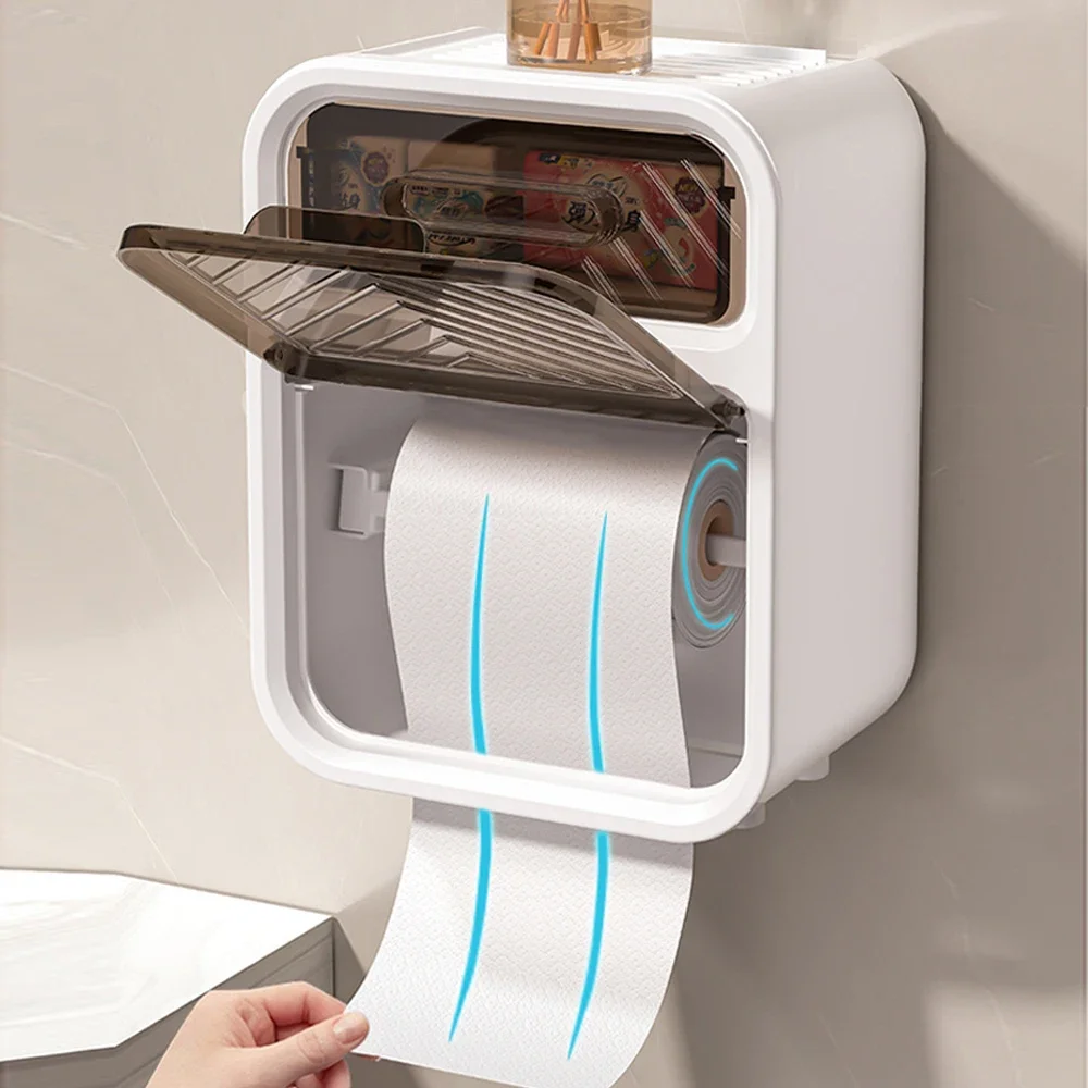 Bathroom-Tissue-Box-Toilet-Paper-Holder-Wall-Mounted-No-punching-Roll ...