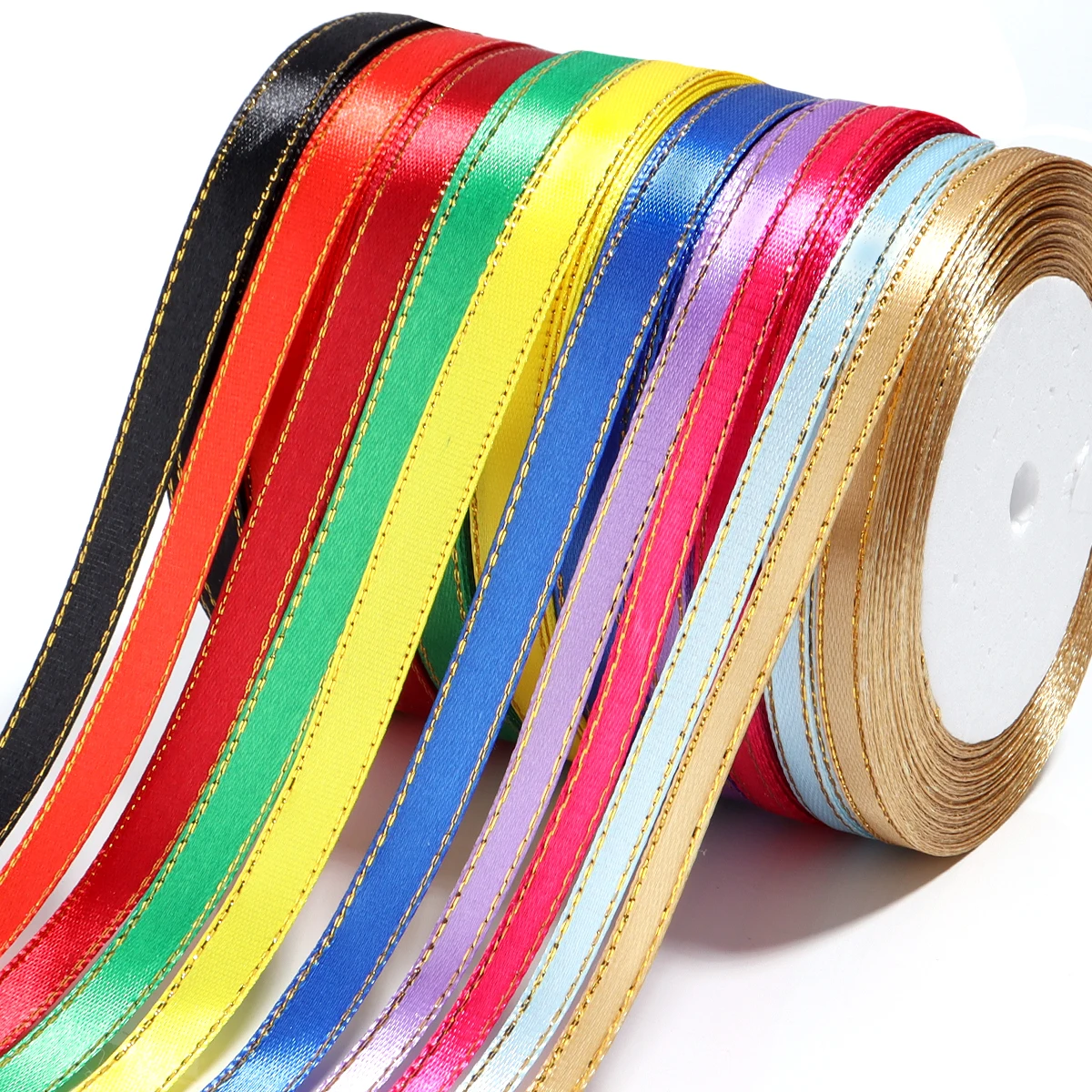 Rollo-de-cintas-de-sat-n-de-colores-cinta-de-tela-con-borde-dorado-para ...