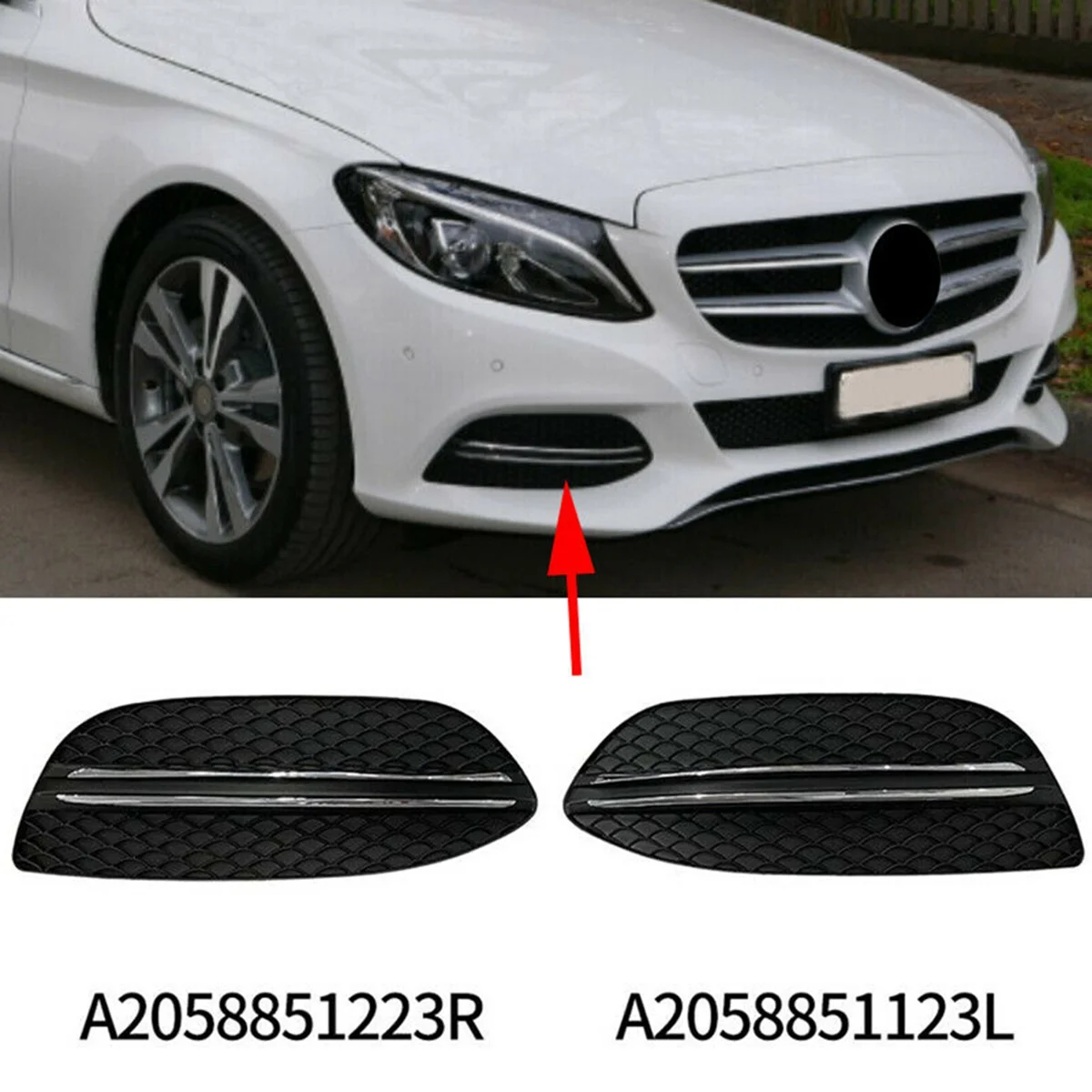 Front Bumper Grille Fog Light Cover & Chrome Trims for Mercedes-Benz C ...