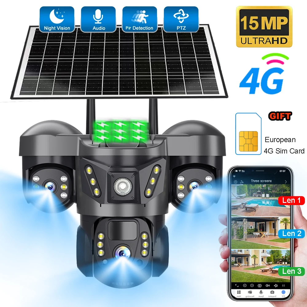 Solar Power 4G Camera With Europe Sim Card Triple Lens Three Screens ...