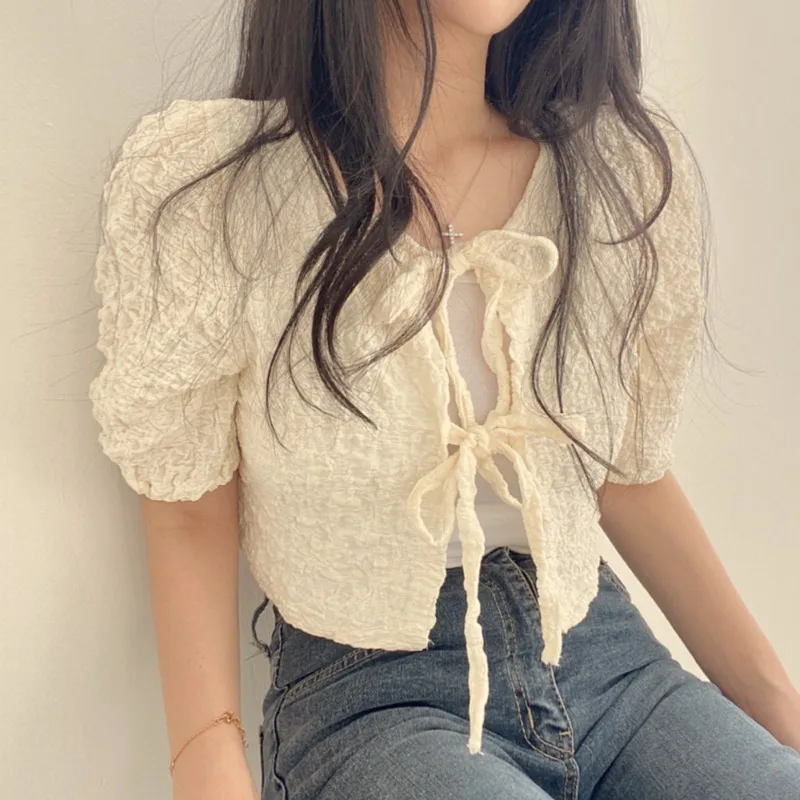 시크한 V넥 긴 소매 자외선 차단 셔츠 여성용 얇은 기모 스위트 올 매치 레이스업 한국 시크 써머 에이지 감소