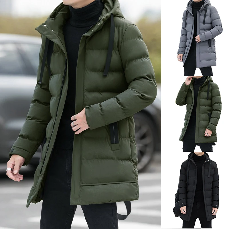Men Warm Long Puffer Jacket Thicken Quilted Mid-length Hooded Coat ...