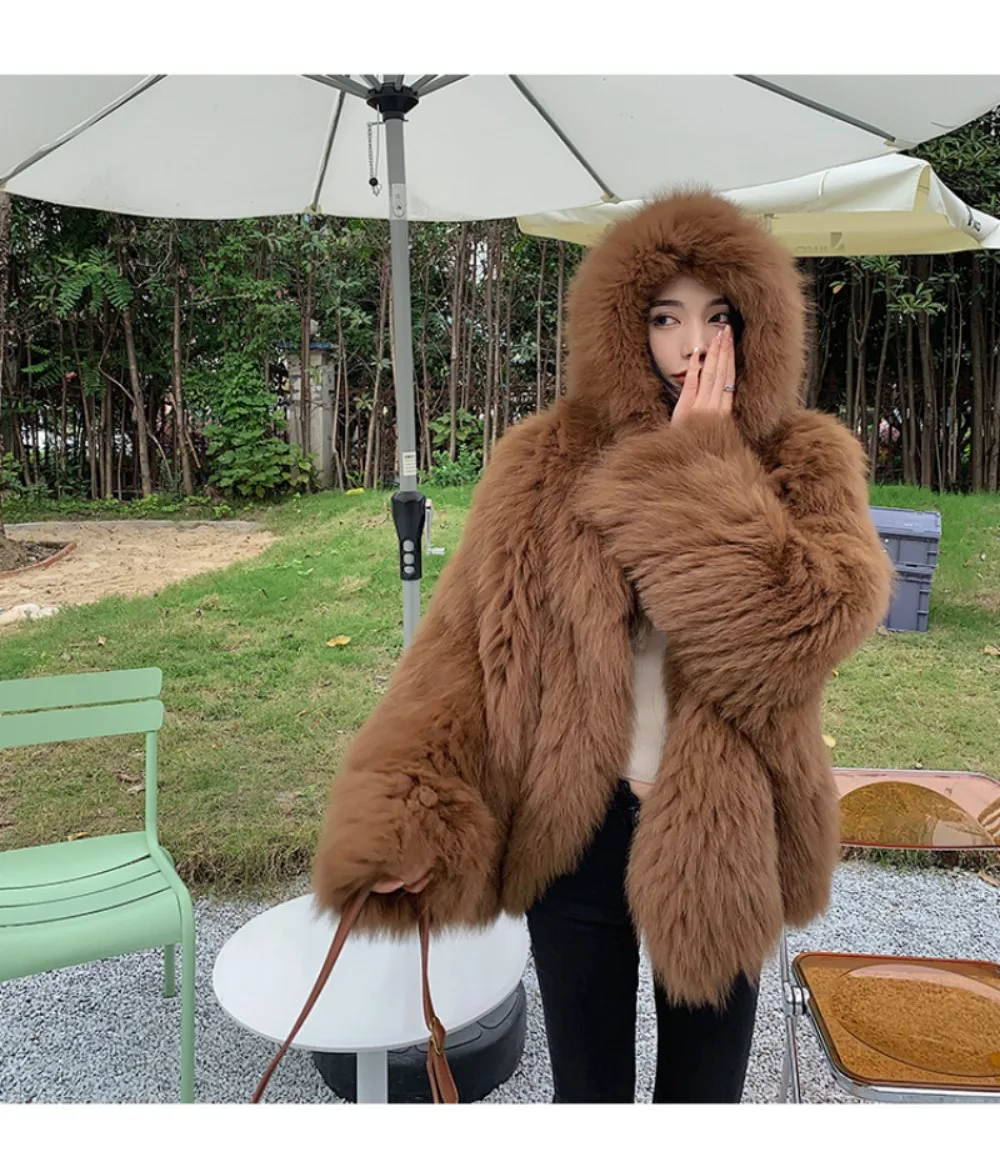 새로운 브랜드 여성 리얼 모피 코트 여성 럭셔리 천연 여우 모피 리얼 모피 후드 코트 정품 모피 큰 모자 모피 코트
