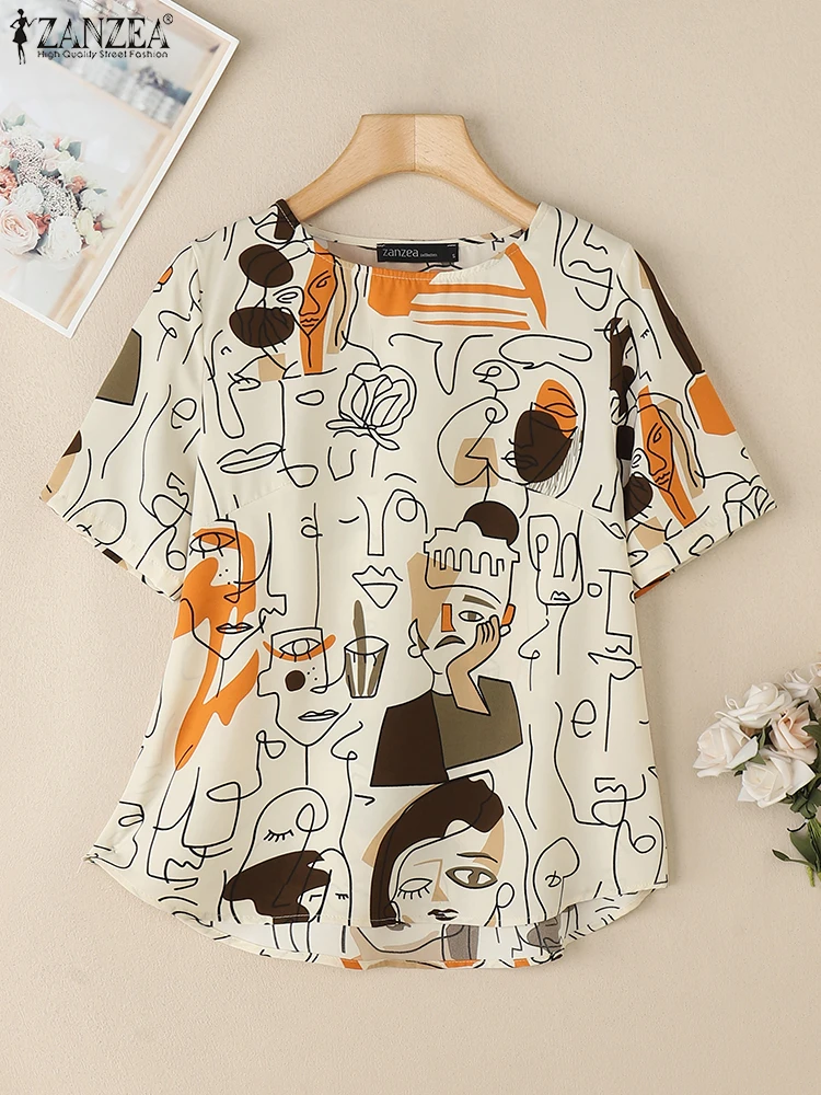 ZANZEA Womens Casual Abstract-Face Print Blouses Fashion O Neck Half ...