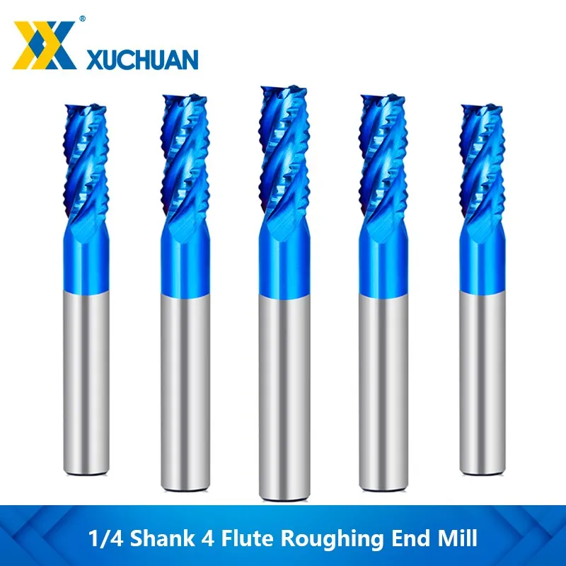 Roughing End Mill 1/4" Shank Nano Blue Coated Carbide Endmills 4 Flute ...