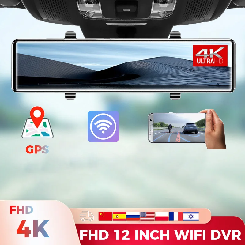 12-Inch-Car-DVR-4K-Video-Rear-View-Mirror-Recorder-Dash-Cam-WIFI-GPS ...