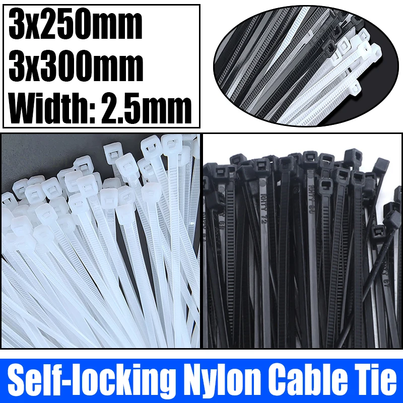 250PCS White/Black Self-locking Plastic Nylon Cable Tie Zip Wrap Strap ...