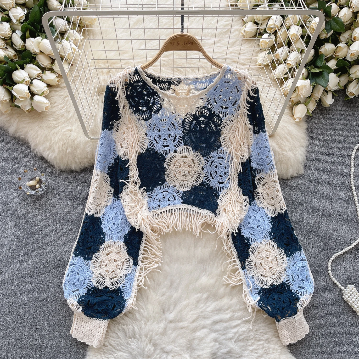 Chic Floral Long Batwing Sleeve Vintage Hollow Crochet Tassel Capes ...