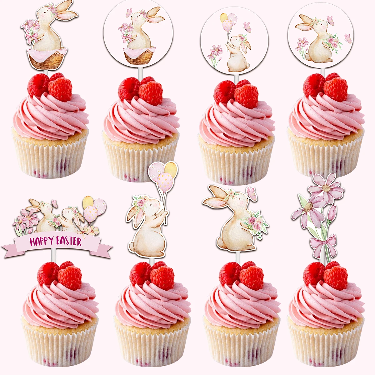 16Pcs Carton Rabbit Toppers Easter Flower Pink Topper For Happy Easter ...