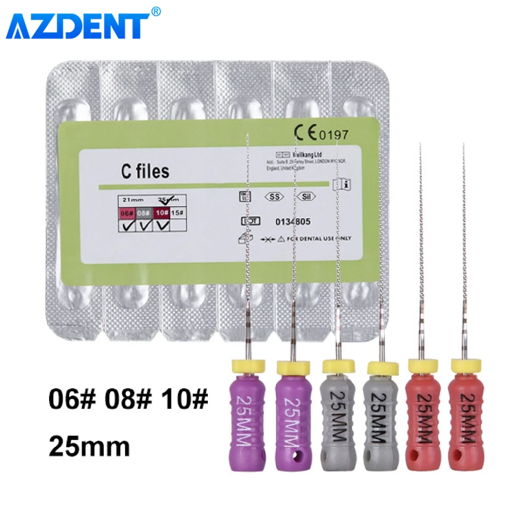 AZDENT Dental Hand Use C Files Endo Root Canal 25mm #6 #8 #10 Stainless ...
