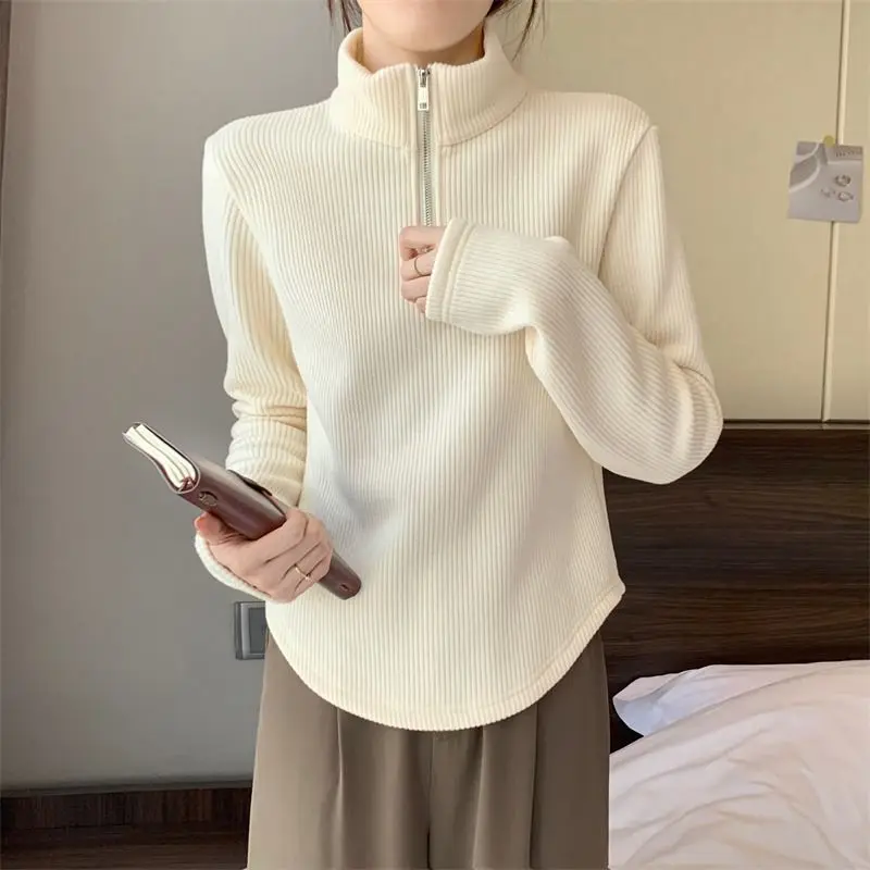 Half High Collar Screw Thread Solid Color Pullover Zipper Sweater ...