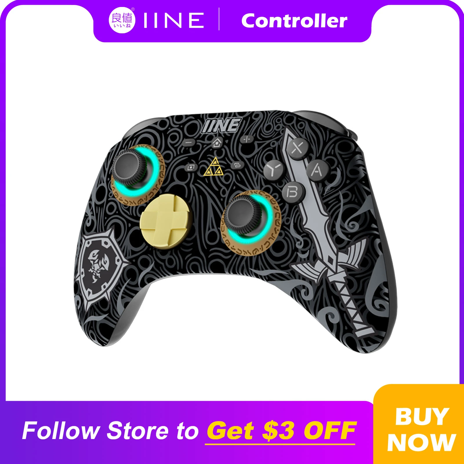 IINE Ares Wireless Pro Controller with Headset Jack RGB Light ...