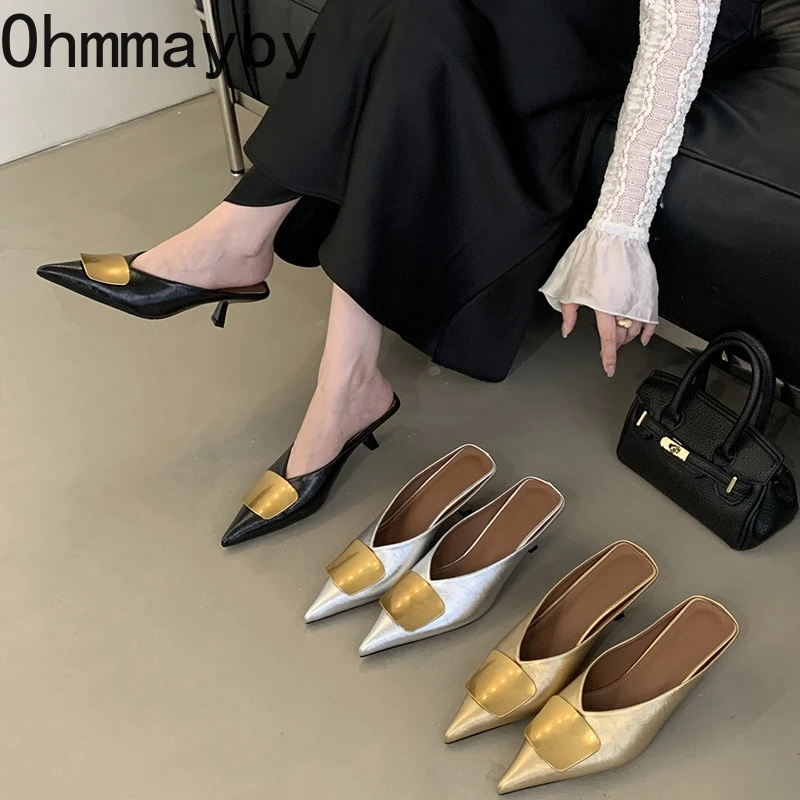 Fashion Pointed Toe Women Mules Slippers Elegant Metal Decoration ...