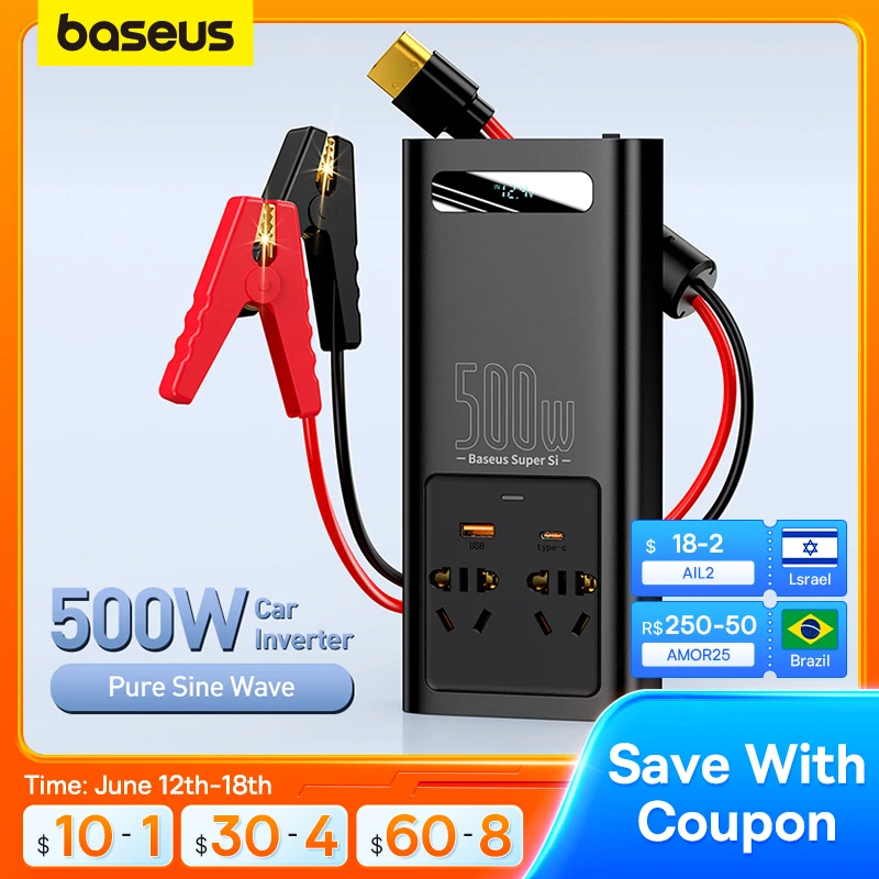 Baseus Car Inverter 500w Dc 12v To Ac 110v 220v Auto Converter Type-c Usb Fast Charging Pure ...