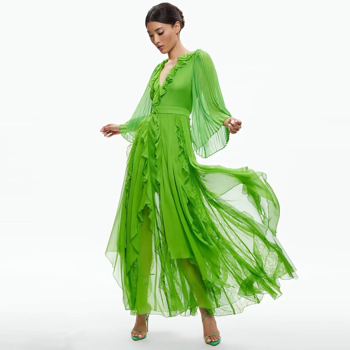 Moda-primavera-Ruffles-Rendas-Patchwork-Vestidos-Compridos-para ...