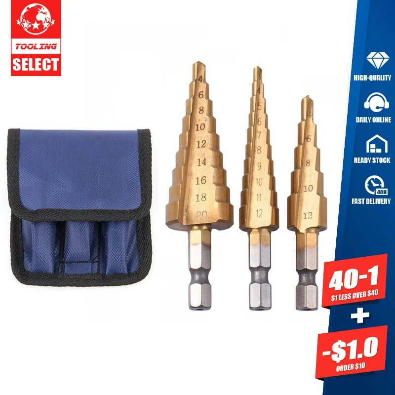 3pc Hss Step Cone Taper Center Stepped Drill Bits Set Metal Hole Saw ...
