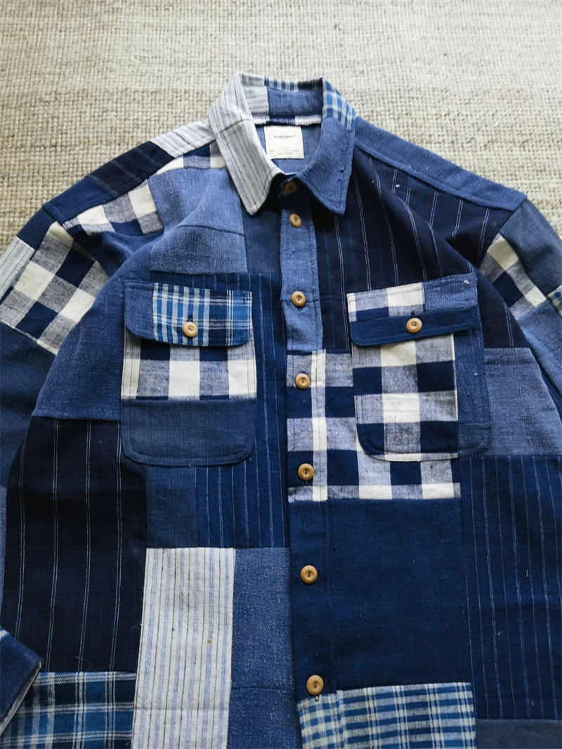 Vintage ancient cloth splicing shirt blue-dyed handmade shirt ...