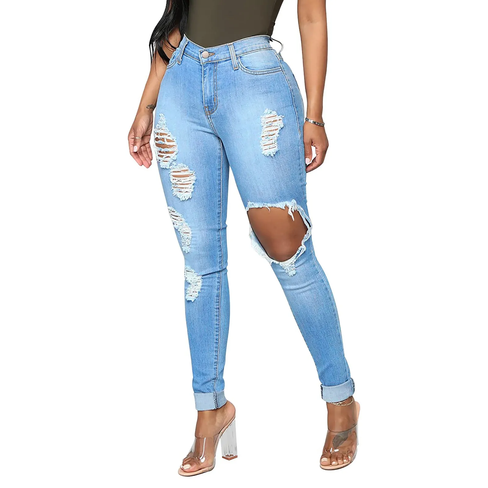 Pantalones vaqueros rasgados elásticos para mujer, Jeans rasgados de ...