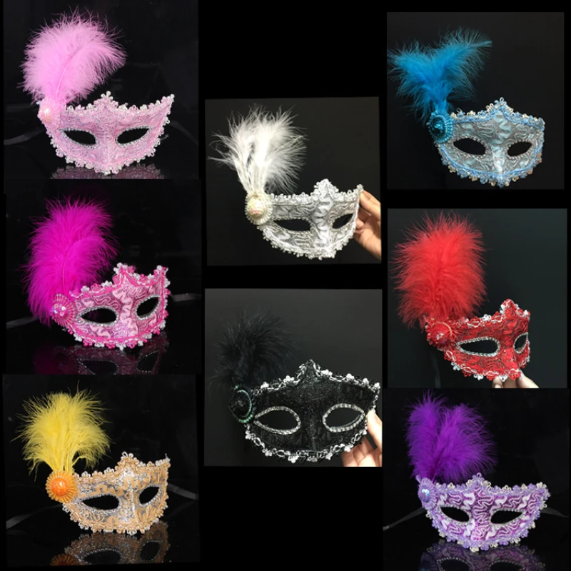 Sexy Female Half Lace Mask Fluffy Feathered Diamond Masquerade Party ...