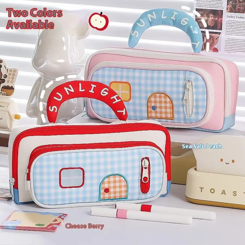 House-Shaped Pencil Case 3-Layer Design-Large Capacity Portable Pen Bag ...
