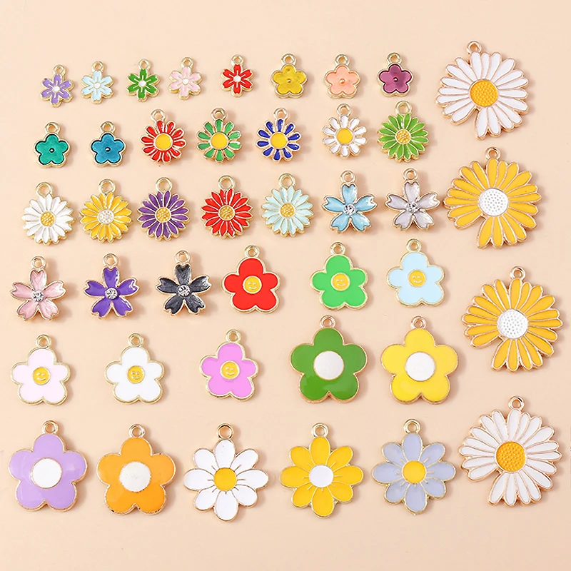 10pcs-9-Styles-Mix-Color-Metal-Drop-Oil-Colorful-Flower-Charms-Plant ...