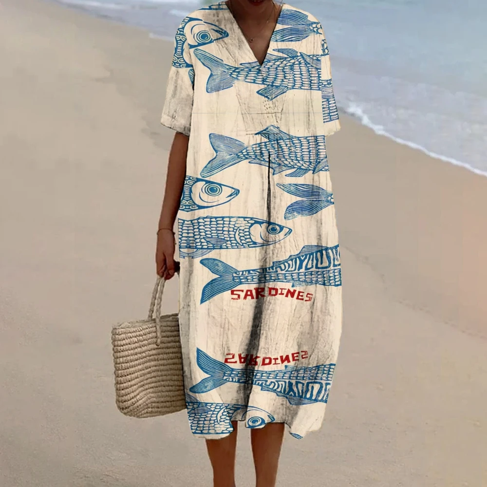 Robe-longue-imprim-de-poisson-bleu-sardines-pour-femme-tenue-de-plage ...