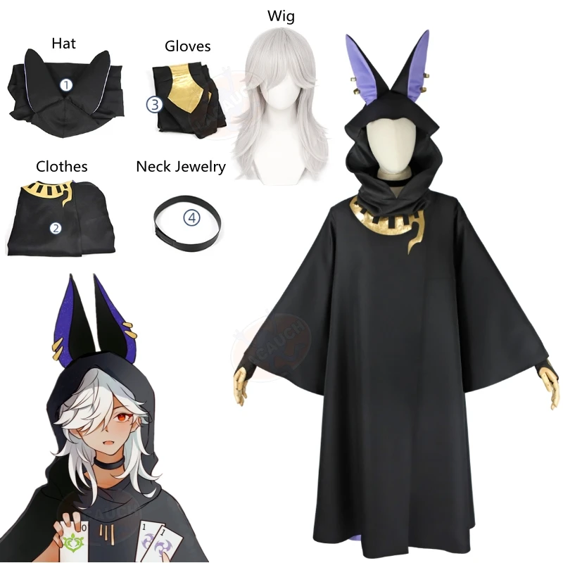 Genshin Impact Cyno Cosplay Black Cloak Hat Gloves White Wig Cosplay ...