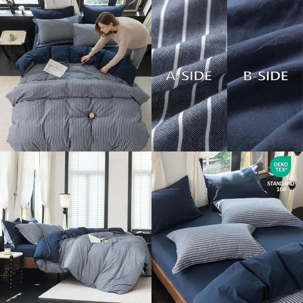 Queen Size Blue Stripe 100% Cotton Washed Linen Duvet Cover Set with ...