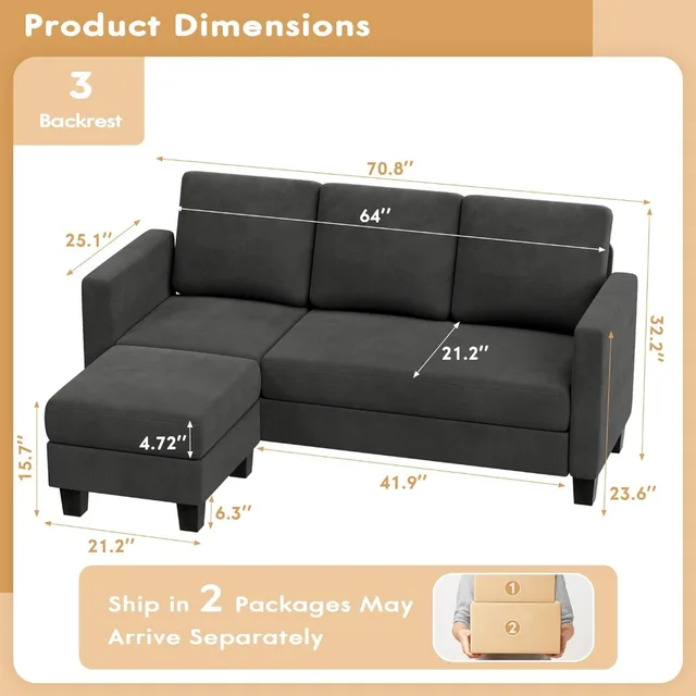 3 Seat L-Shaped Sofa With Linen Fabric Sectional Sofa Couch Movable ...