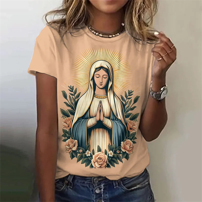Virgin Mary Pattern T-Shirt For Women Sacred Christianity 3D Print T ...
