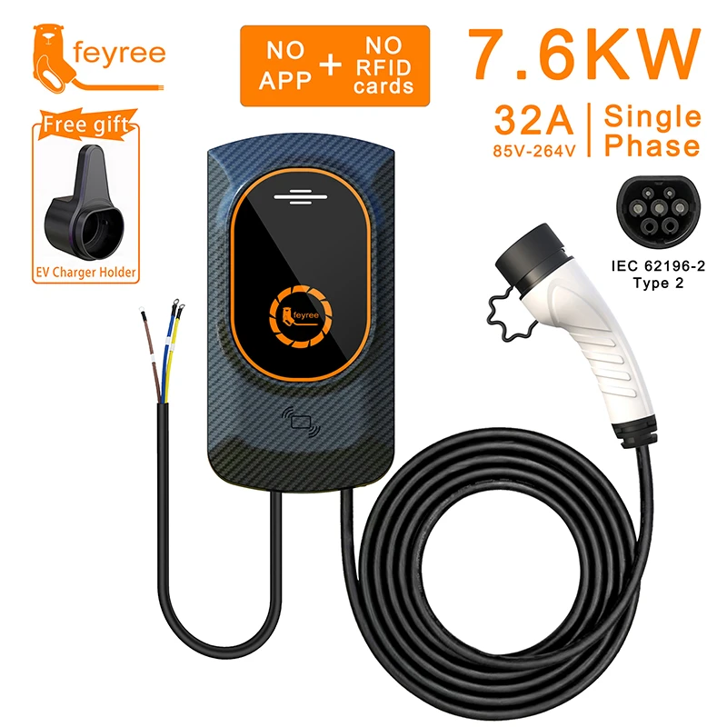 feyree EV Charger EVSE Wallbox 7KW 32A Type2 Cable IEC62196 2 Adapter 1Phase for Electric ...