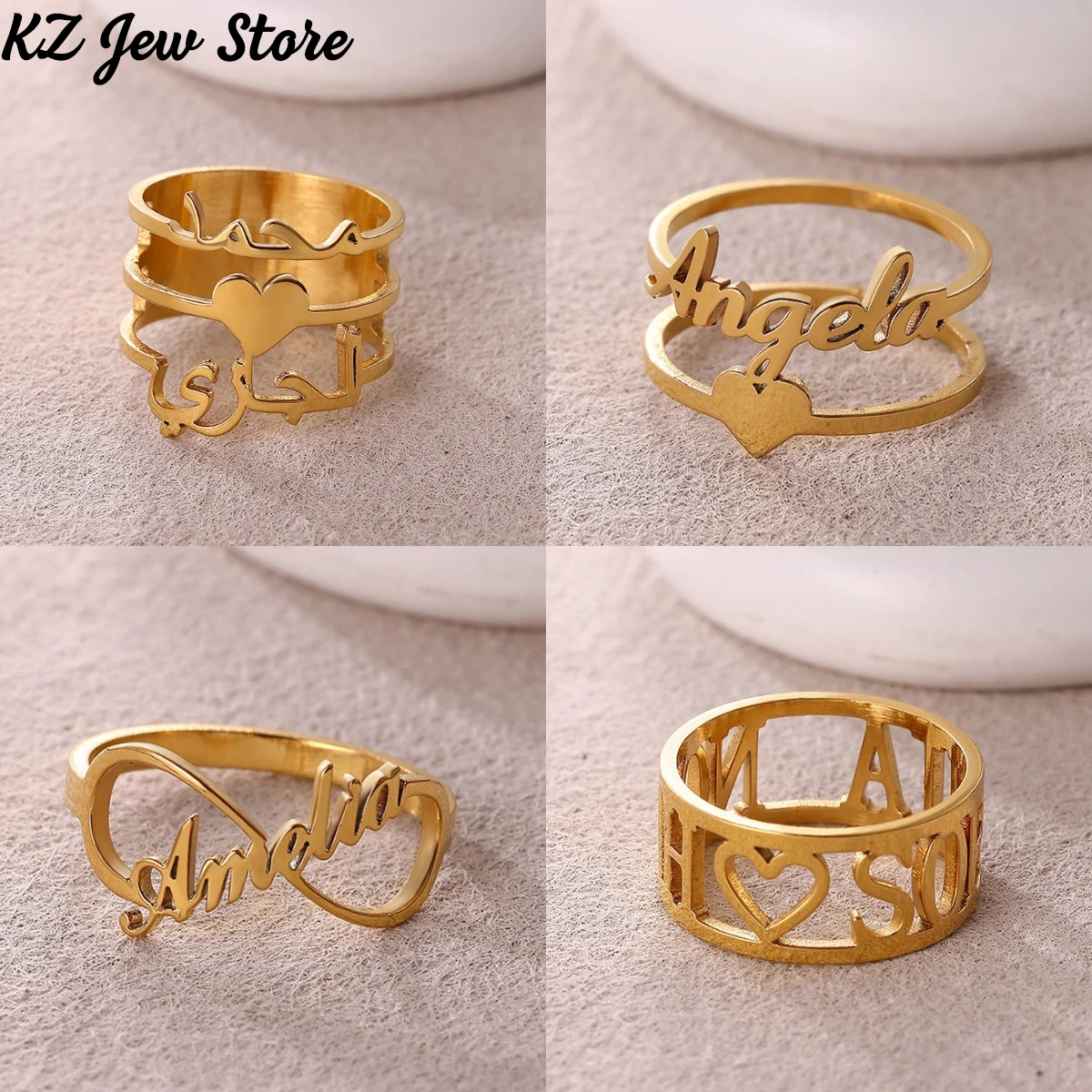 Custom Broad Surface Name Heart Rings Women Unisex Gold Color ...