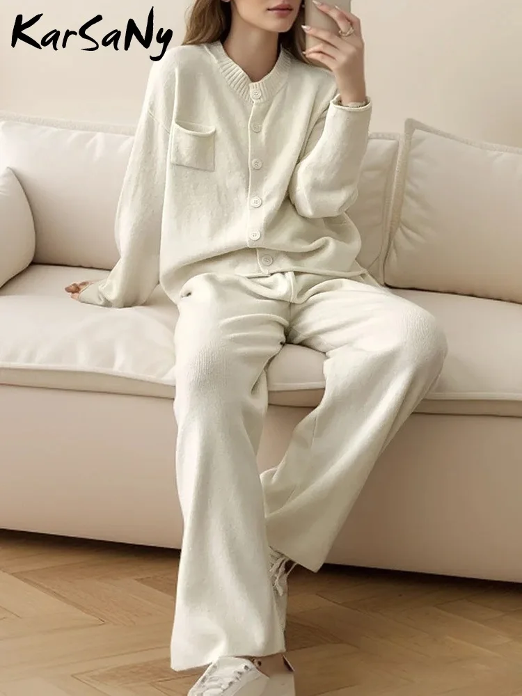 Knitted Pants Set Women 2 Piece Autumn O Neck Button Up Cardigan With ...