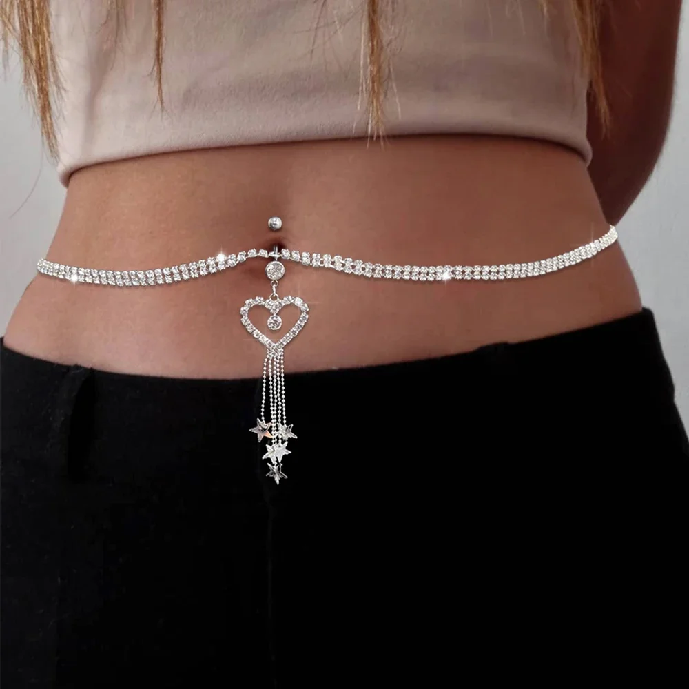 Boho Heart Dangle Rhinestone Piercing Navel Chain Belly Button Ring with Waist Chain Women Navel ...
