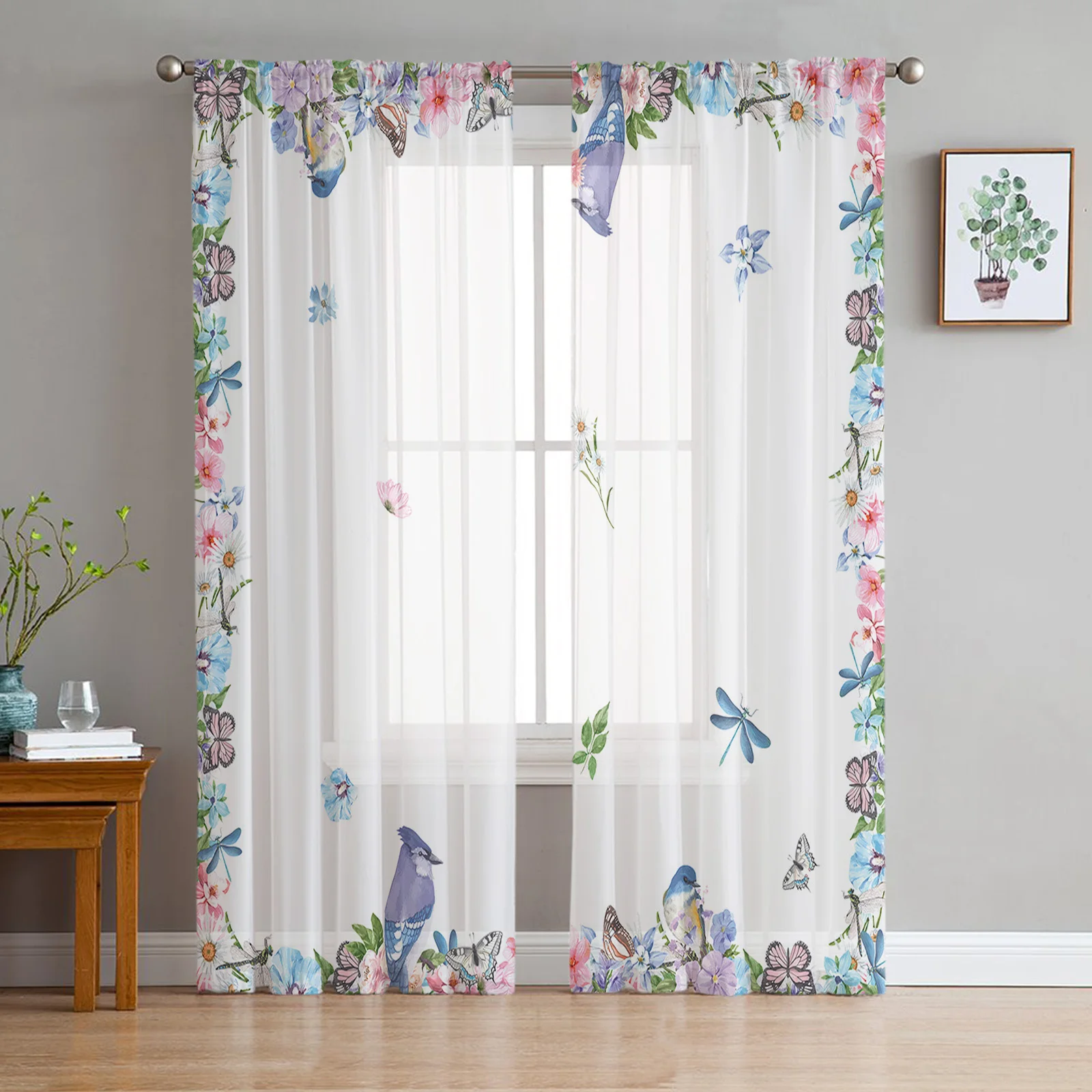 Spring-Flowers-Watercolor-Butterfly-Bird-Sheer-Curtains-for-Living-Room ...