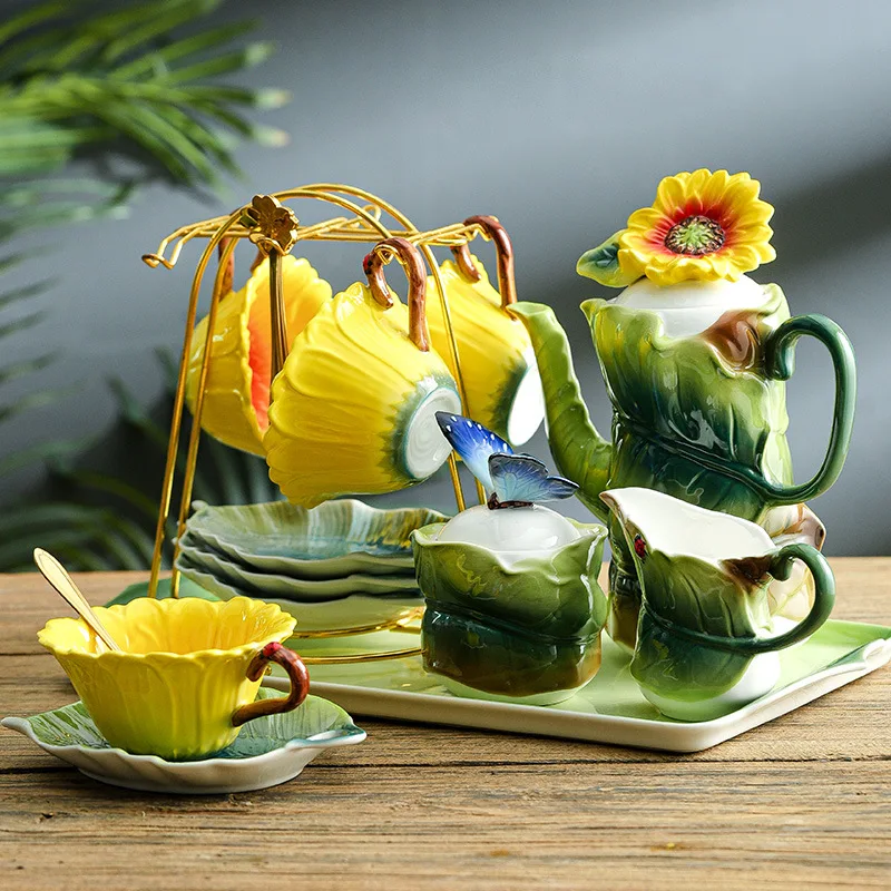 Ceramic-Tea-Set-Sunflower-Coffee-Cup-Teapot-Embossed-Flowers-Afternoon ...