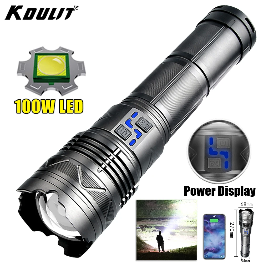 Powerful 100w Led Flashlight Usb Rechargeable Zoomable Torch With Built ...