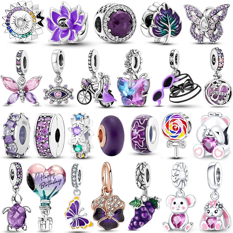 925-Sterling-Silver-Roxo-Murano-Bead-Pansy-Flor-Dangle-Charme-Fit ...