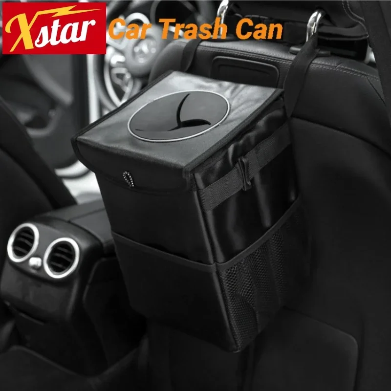 Car Trash Can with Lid and Storage Pockets Waterproof Garbage Bin ...